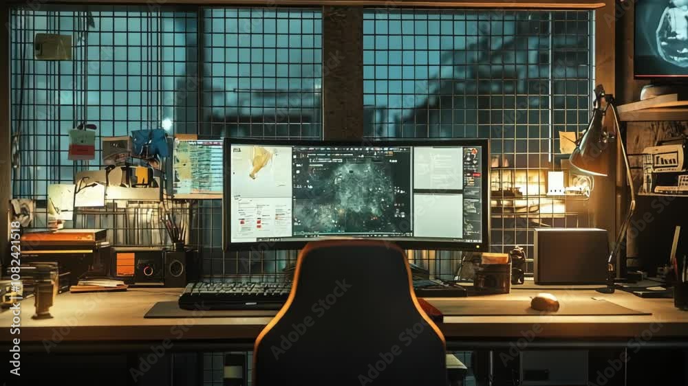 Vídeo do Stock: Detective's desk sits empty, illuminated by the glow of ...