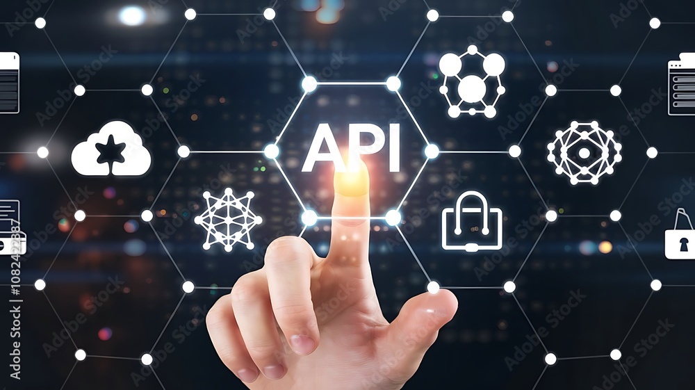 businessman pressing virtual button API, application programming interface. cloud computing ...