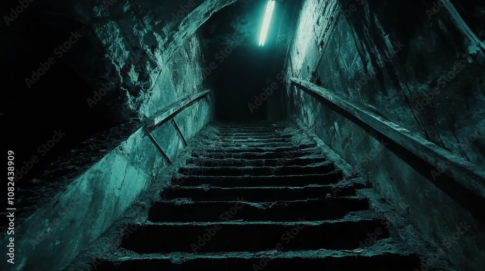 Creepy dark stairway going up from an abandoned underground tunnel lit ...