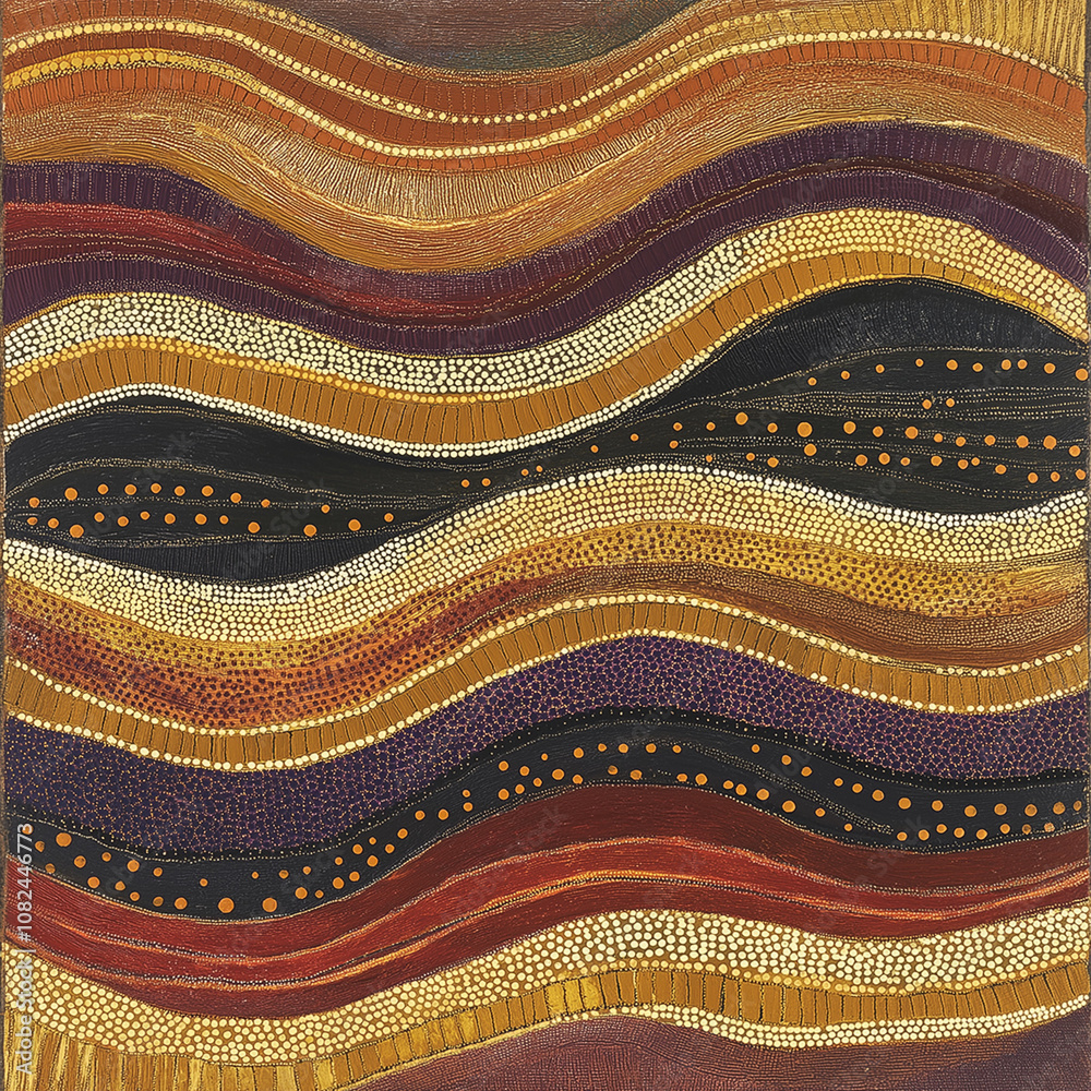 An Aboriginal dot painting with lines in earthy tones, where the lines ...