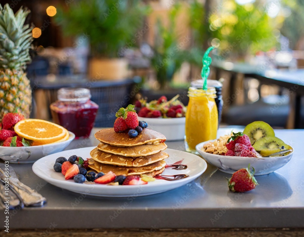 Elegant Breakfast Spread With Vegan Pancakes, Fresh Fruits, and a ...