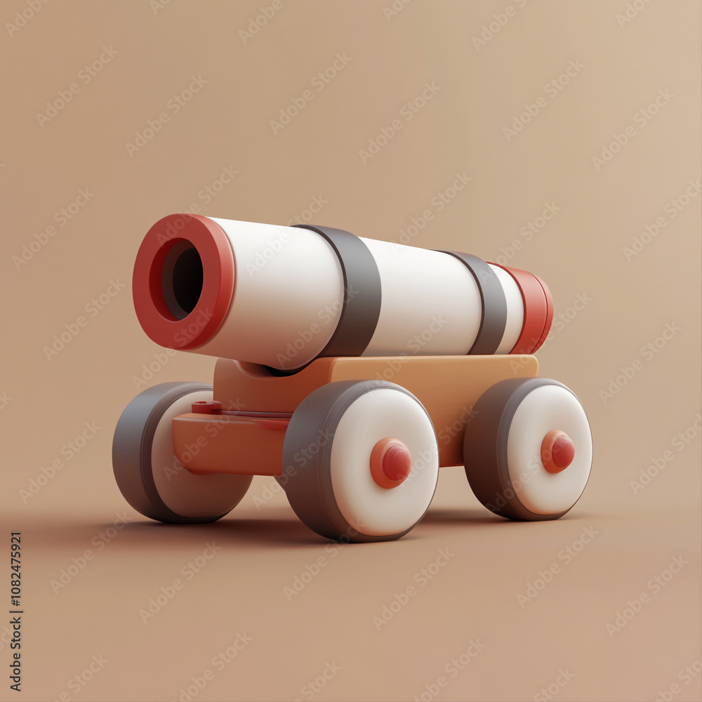 3D cartoon cannon with wheels on the bottom, on a simple background ...