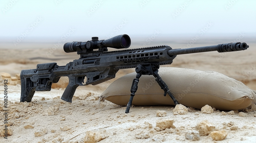 Sniper Rifle in Desert Landscape: A powerful sniper rifle rests on a ...
