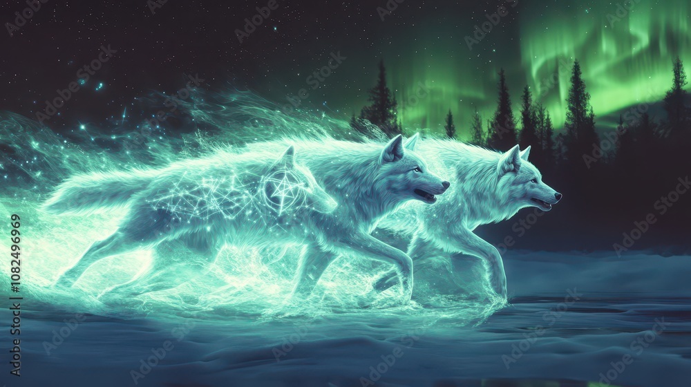 Astral Wolf Pack Running Across the Aurora Borealis: Ethereal Fur Details, Constellation Trails ...