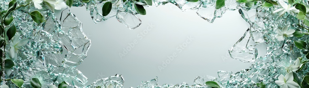 Shattered glass wall with flower stems and leaves art installation ...