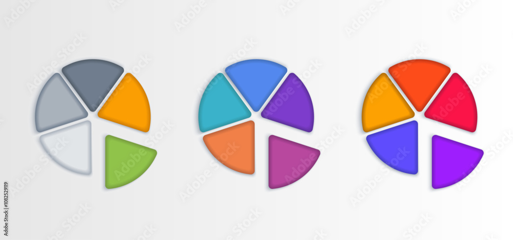 3d pie charts isolated on white background. Diagrams divided into 5 ...