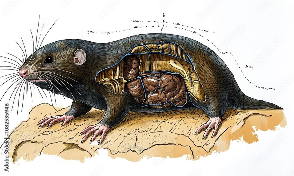 An anatomical illustration of a mole, showing internal organs and body ...