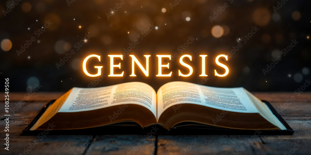 Glowing gold "GENESIS" word with a spotlight on it is above an open ...