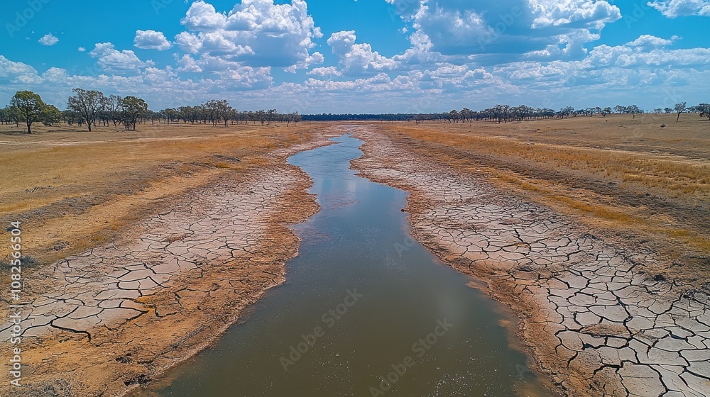 Aerial view of a dried-up riverbed winding through a barren, cracked ...