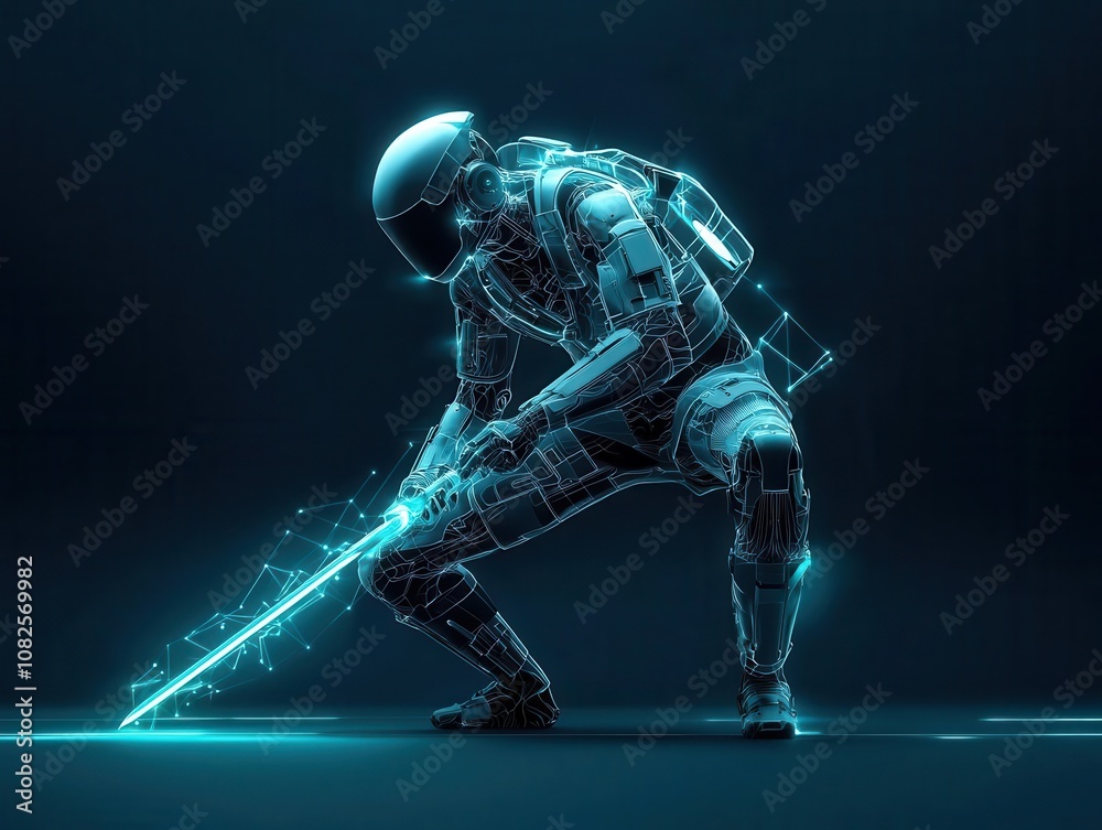 Cybernetic hero with energy sword, fierce stance, futuristic tech world ...