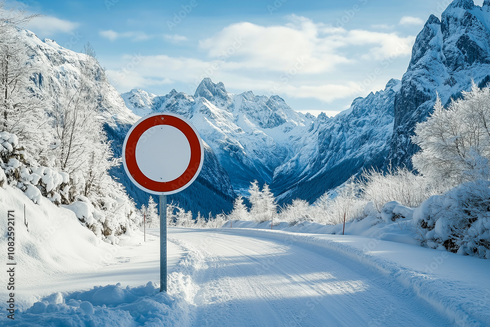 Blank sign board at pines forest in winter background, mockup for do ...