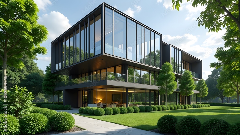 A modern glass architectural design that harmoniously integrates with ...