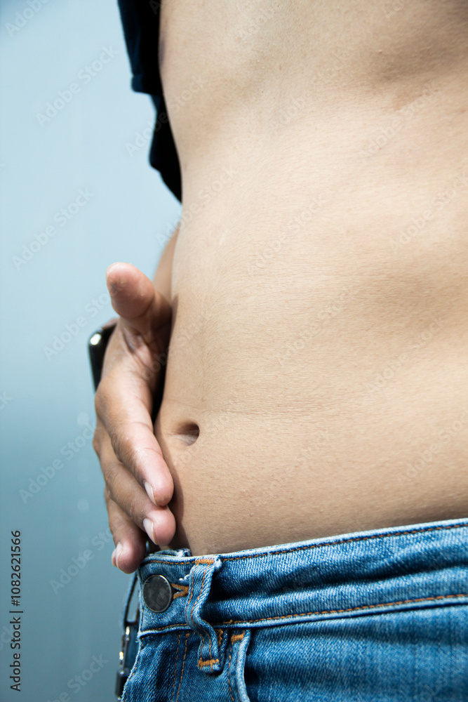 Natural Skin Texture on Flat Stomach with Jeans, Healthy Lifestyle and ...