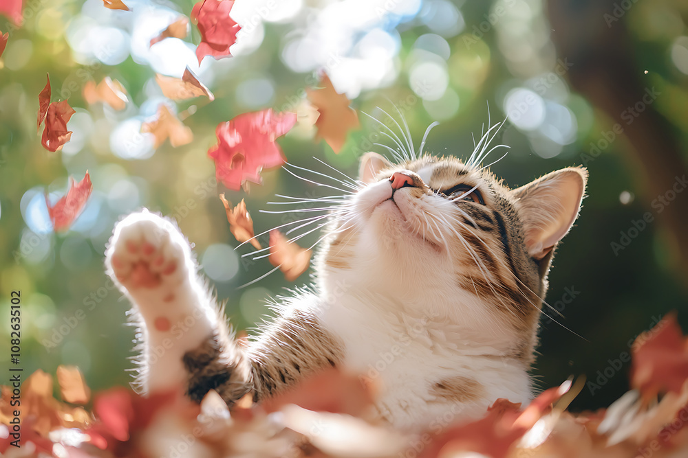 Playful cat swatting at colorful autumn leaves in sunny garden. scene ...