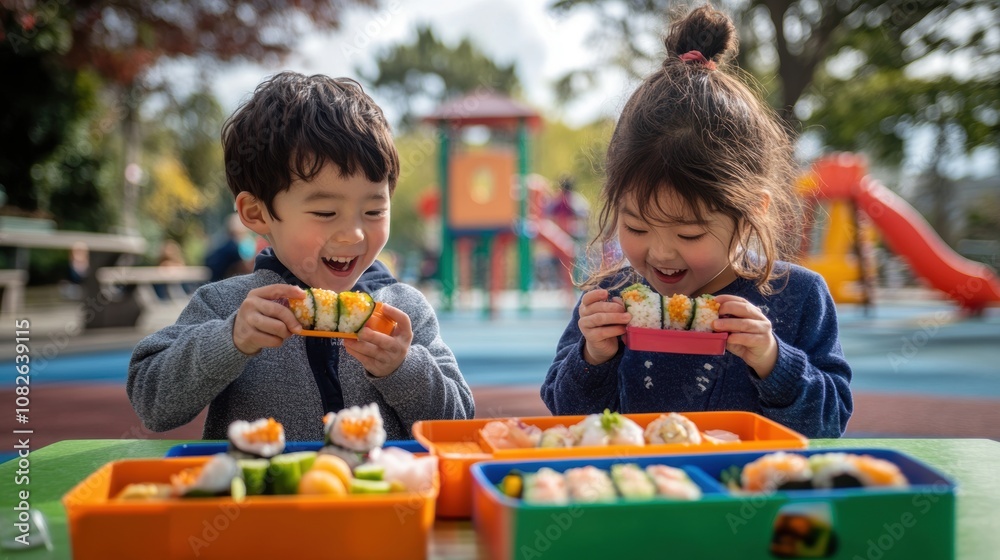 Joyful children enjoying sushi outdoors from colorful bento boxes with ...