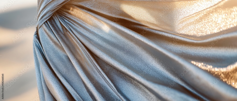 Sunlight dances on the metallic folds of an elegant silver fabric ...