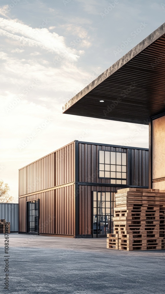 Side view of a warehouse with stacked shipping containers and pallets ...