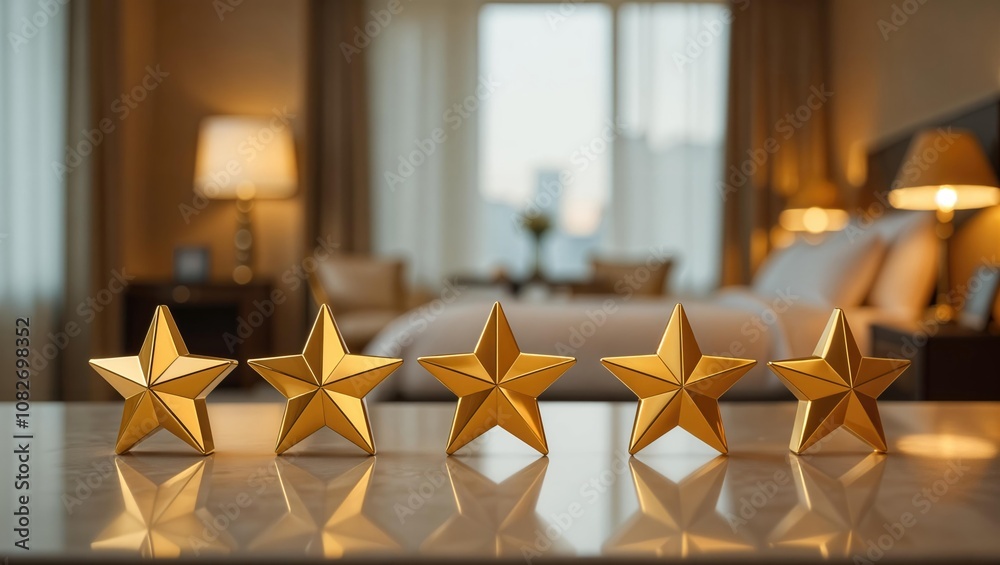 Five gold stars sit on a table in a luxury hotel room, with a blurred ...