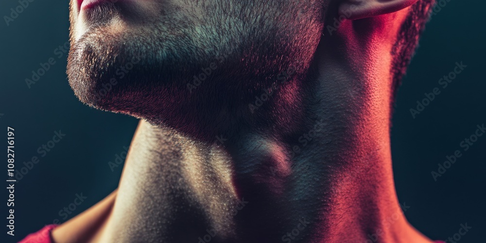 Close-up of a clenched jaw and tense neck muscles, representing ...