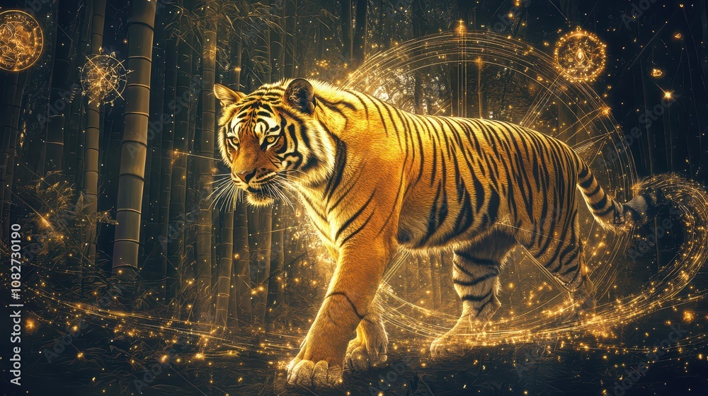 Astral Guardian Tiger in Quantum Bamboo Forest: Ethereal Patterns ...