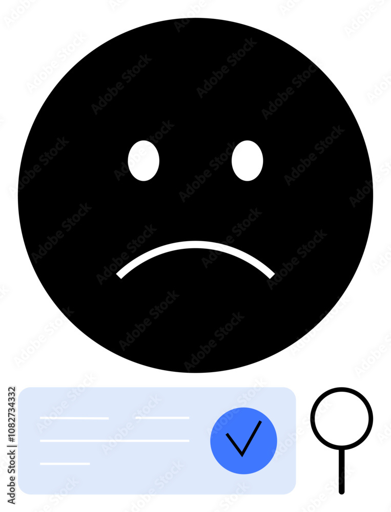 Sad face with downturned mouth, document with checkmark, magnifying ...