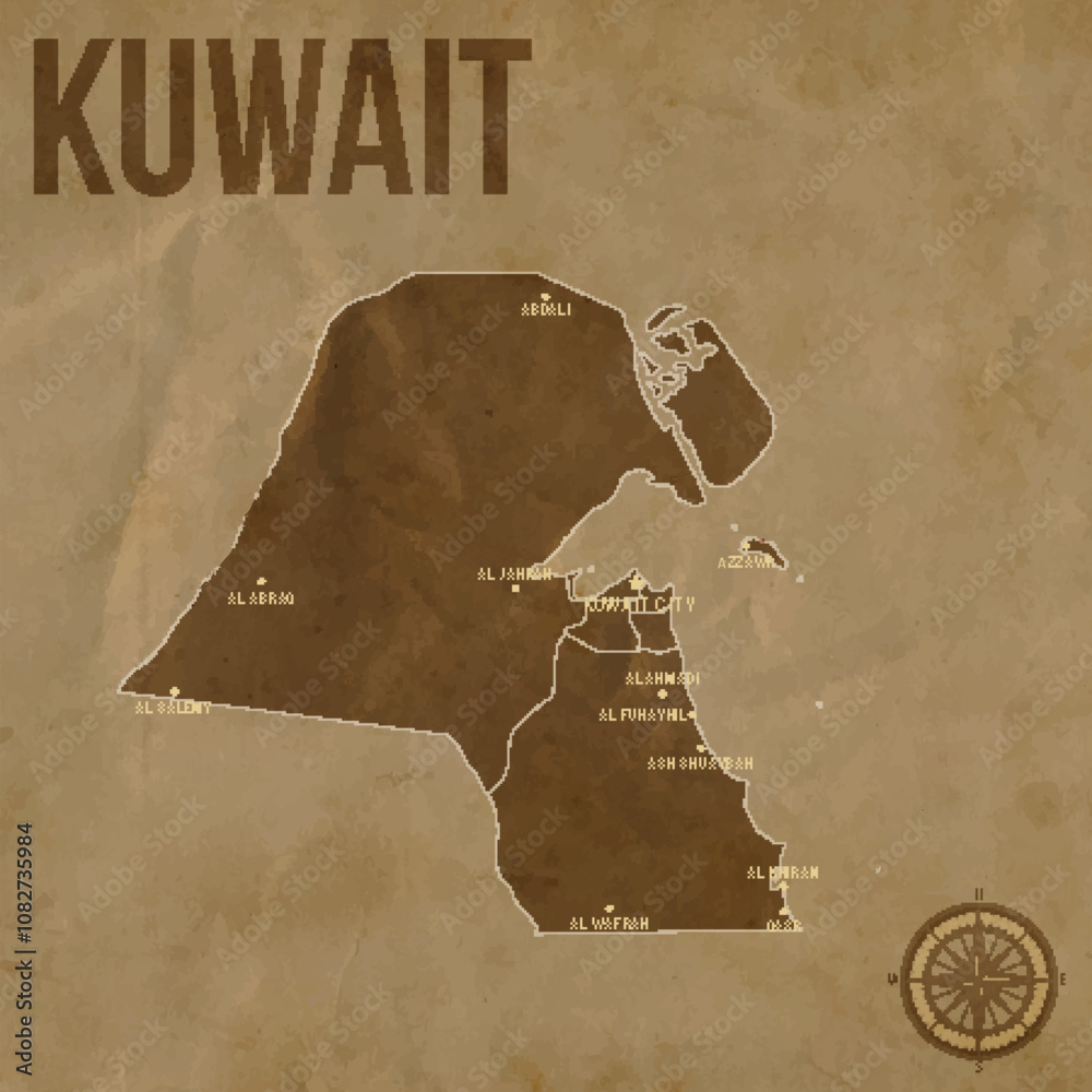 Vintage KUWAIT Map with Regions Borders and Major Cities Positions ...
