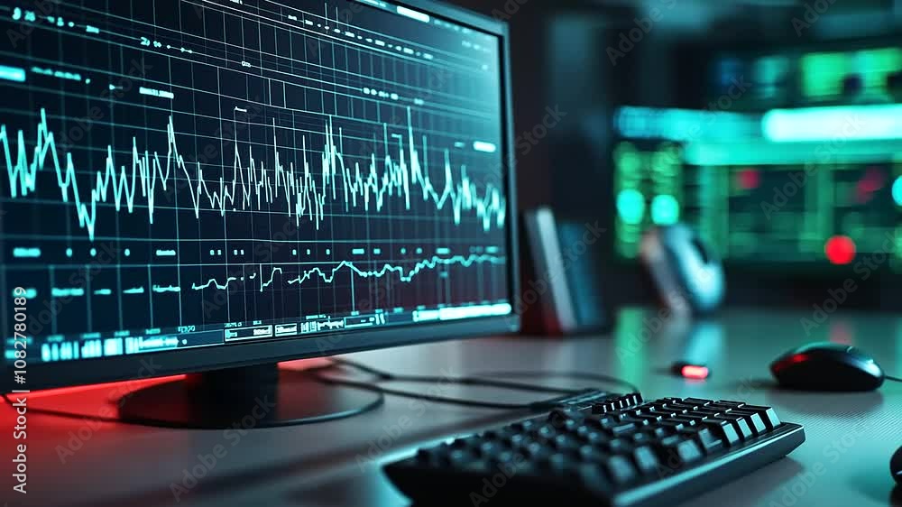 A digital seismograph displaying earthquake waveforms in a bright ...