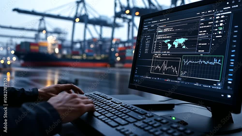 Close-up of an officer’s hand as they enter cargo data on a keyboard ...