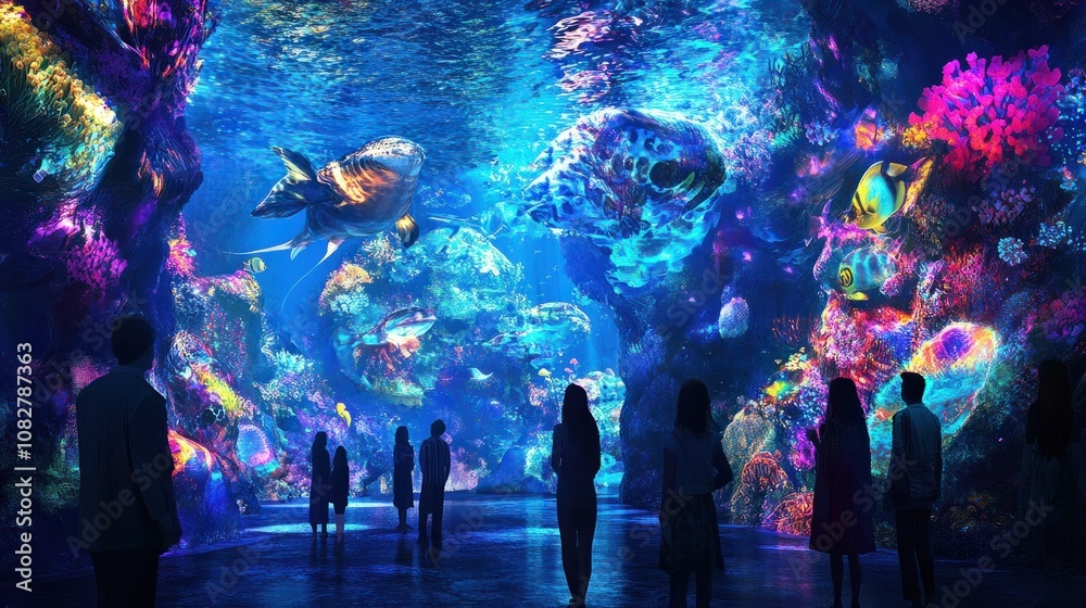 Visitors exploring a stunning marine life exhibit in a sea aquarium ...