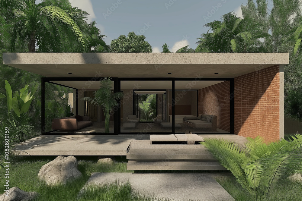 3D rendering of a modernist-style small building with a flat roof and ...
