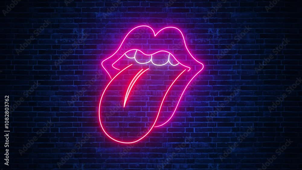 neon lights rock and roll lip and mouth sign on brick wall animation ...