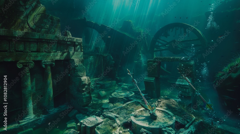 An underwater archery range in a sunken city ruins, Archery targets ...