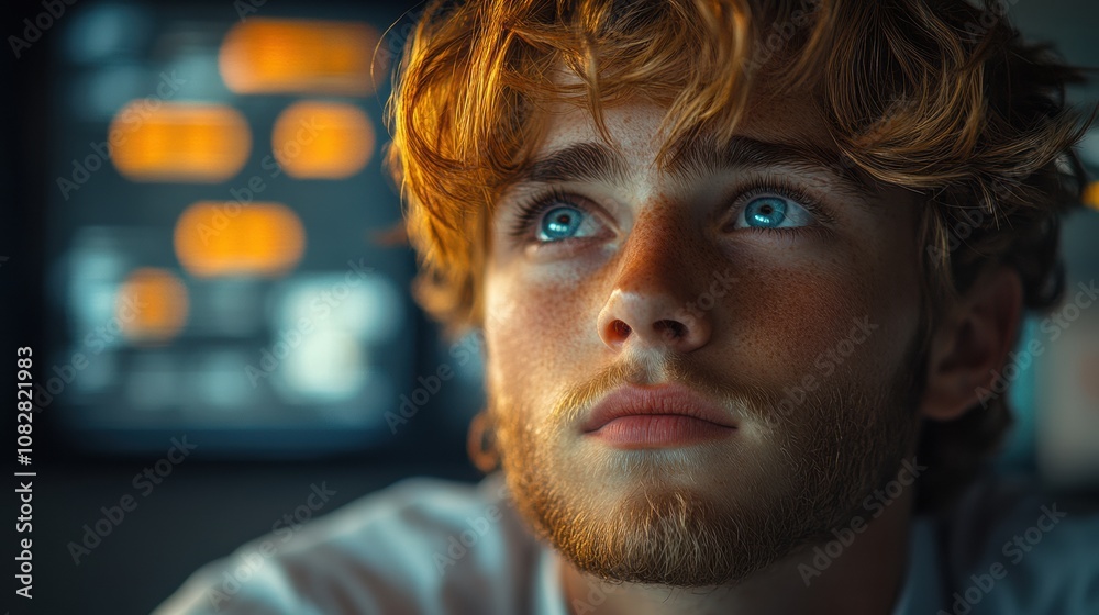 Intrigued Gaze: Close-up portrait of a young man with bright blue eyes ...