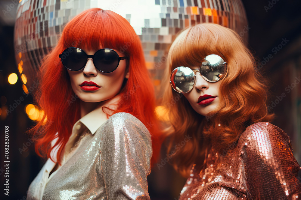Two elegantly styled women adorned in shining attire, each emanating a ...