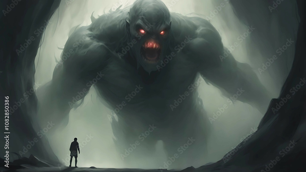 Towering, monstrous creature with glowing red eyes emerging from a ...