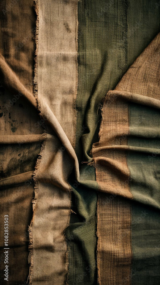Weathered fabric with earthy brown green and tan hues displaying years ...