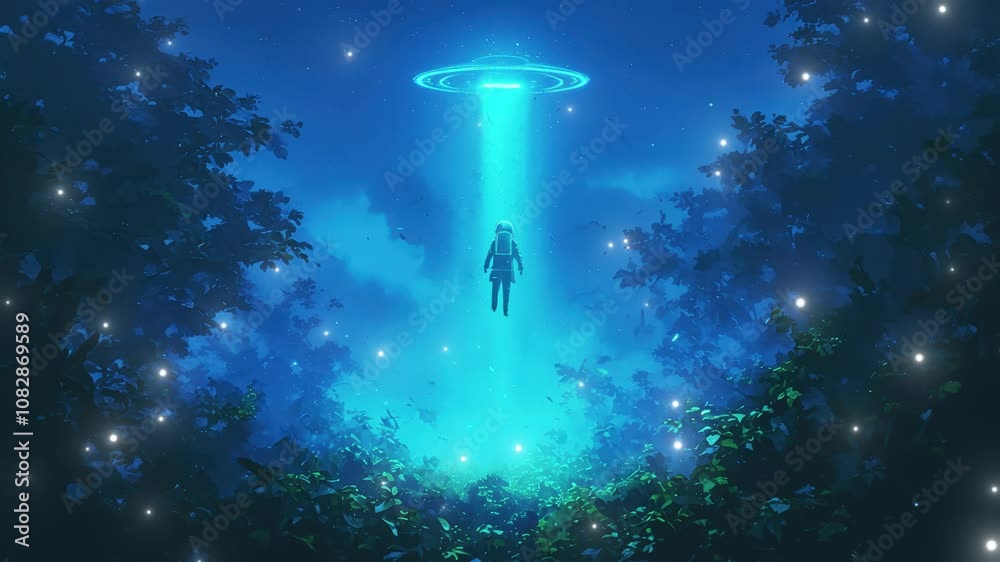 Mysterious alien UFO abduction illuminates the night sky over a dense ...