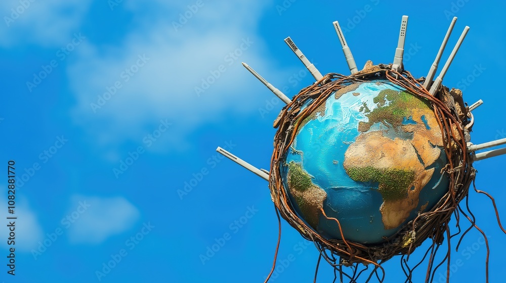 Global communications disruption illustration depicting a world map ...