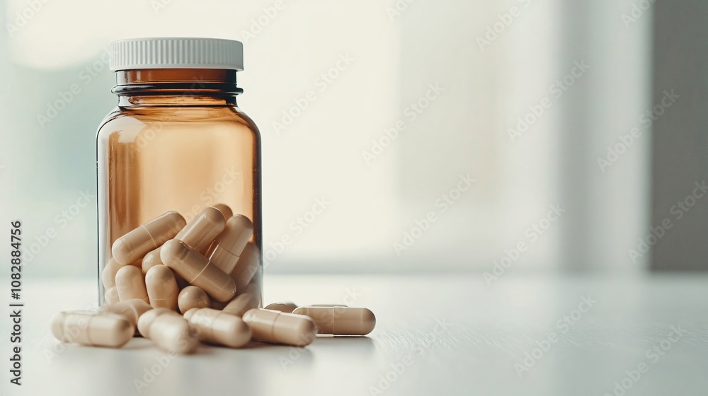 Amber glass pill bottle tipped over, spilling capsules on a white table ...