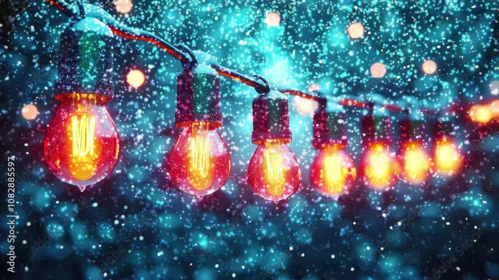 Warm lights twinkle against a backdrop of softly falling snowflakes ...