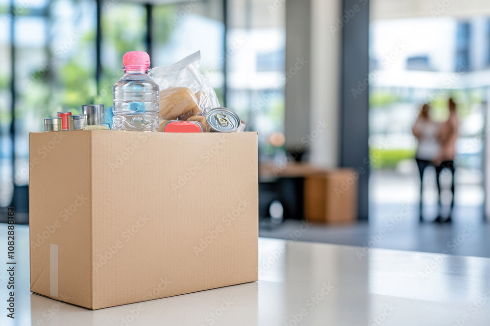 Food donations concept. Cardboard box with grocery product for donation ...