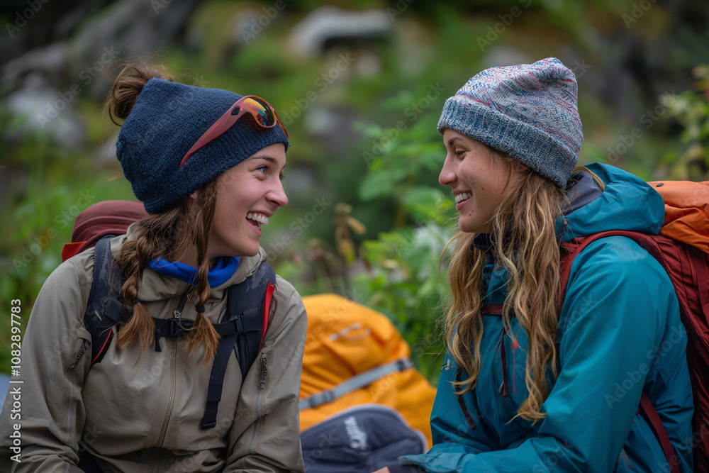 Two women sit together on a camping trip, laughing and sharing stories ...