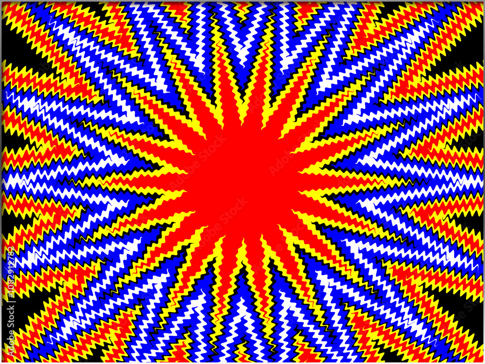 A vibrant pattern radiates from a central red circle, featuring jagged ...