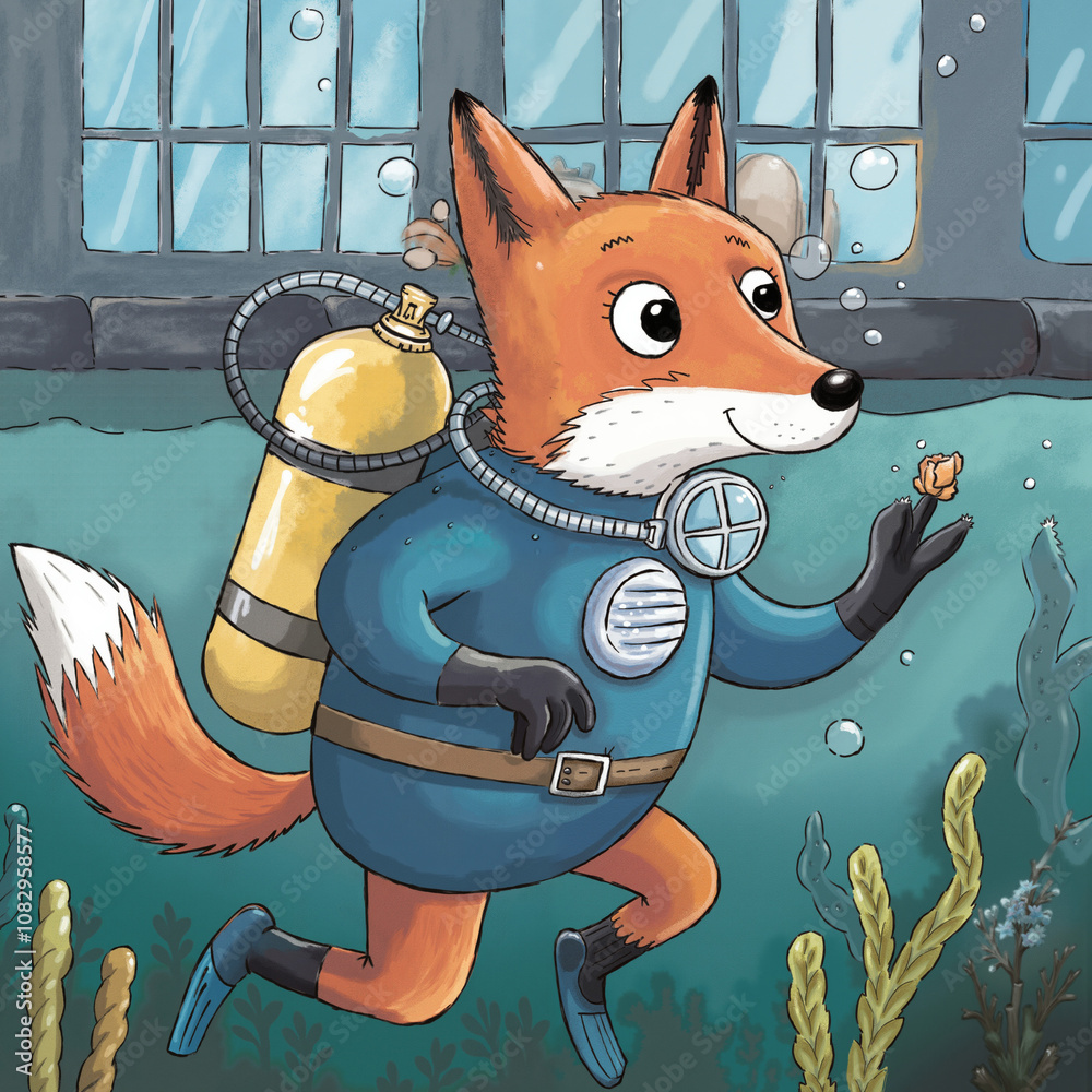 A diving fox swims underwater, surrounded by schools of fish and ...