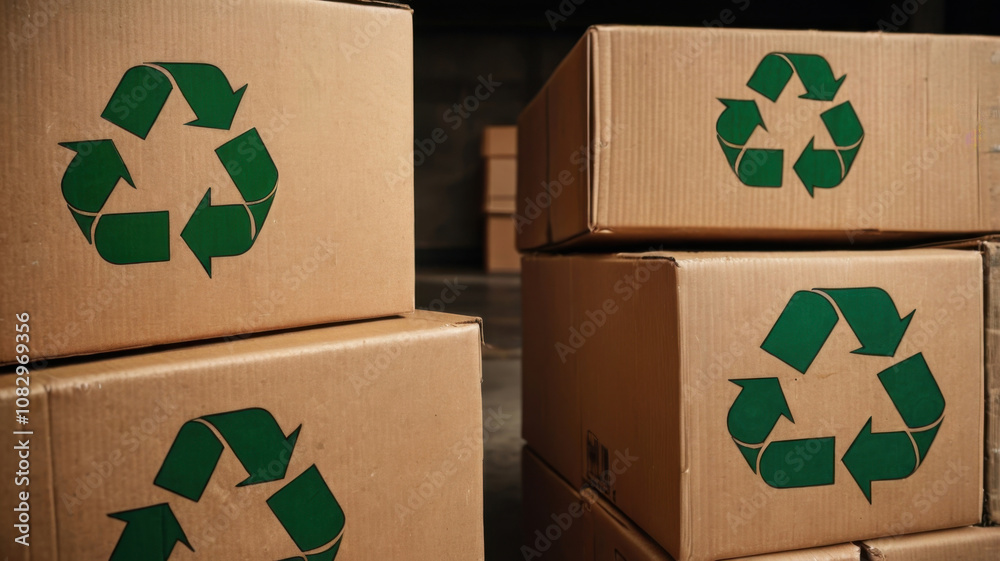 Primer plano de cajas de cartón con símbolo de reciclaje Stock Photo ...