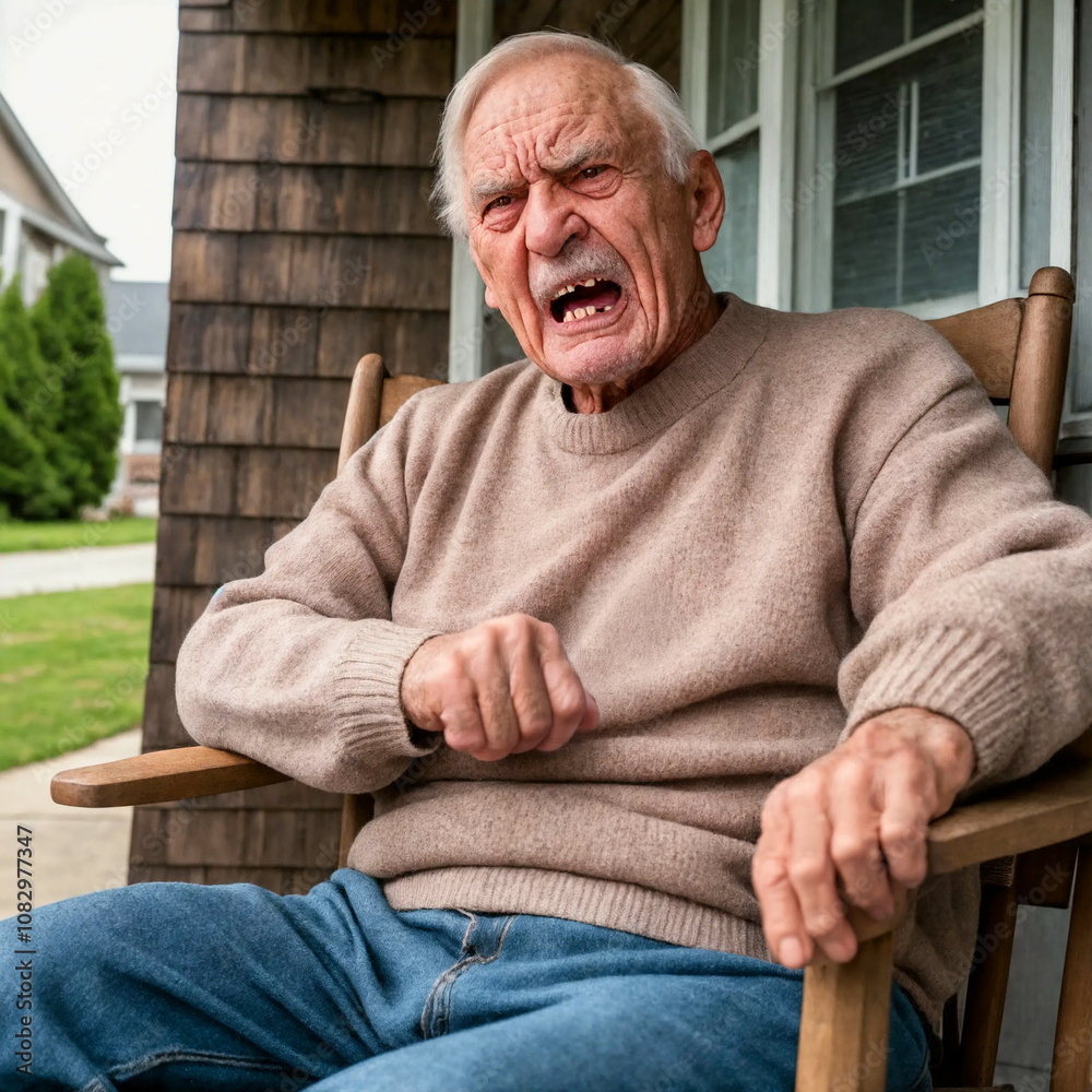 AI-generated photo of a crabby old man yelling angrily from his rocking ...