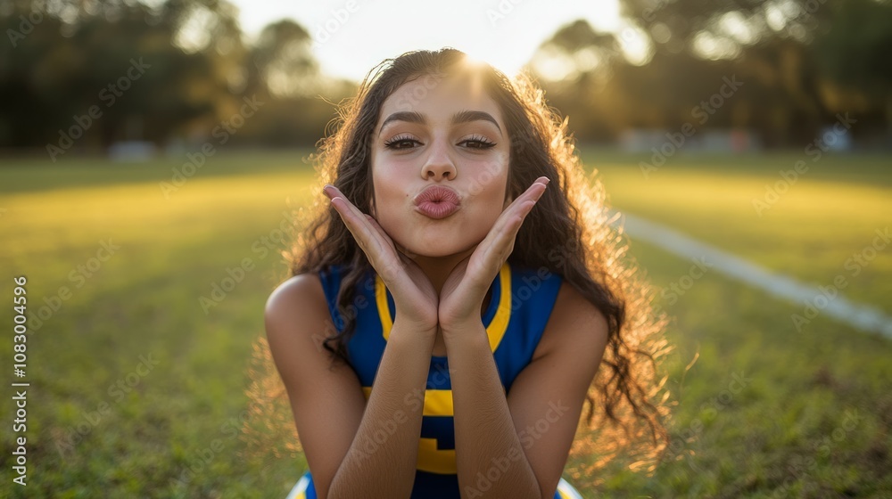 Portrait photography of a latin college cheerleader blow a kiss in the ...