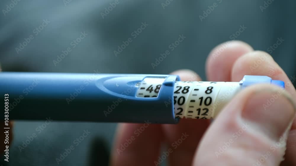 Man hand turns lever of insulin pan on blurry background closeup ...