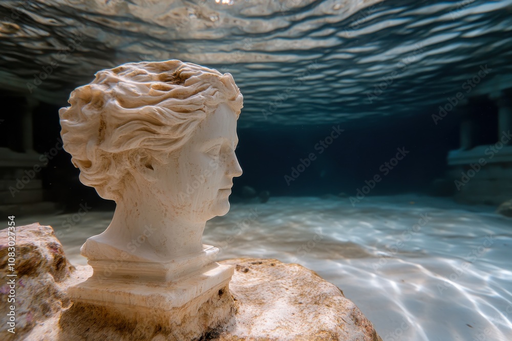 An underwater statue of a classical bust with a calm, serene expression ...