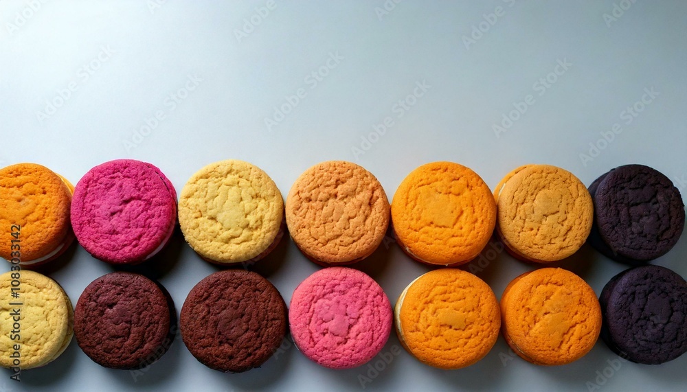cookies in a variety of flavours and colours in a row with copy space ...